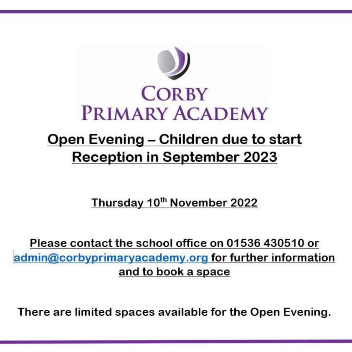 Corby Primary Academy - Open Evening - Children starting school in ...